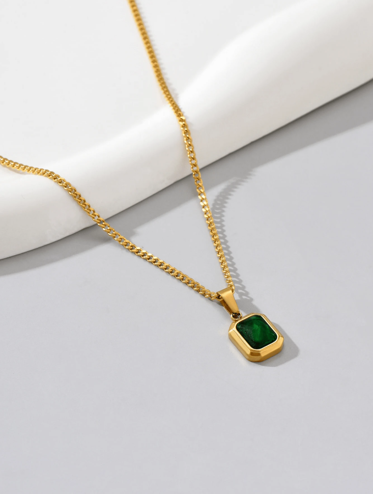 Vintage Green Square Cubic Zirconia Stainless Steel Gold Color Necklac ...
